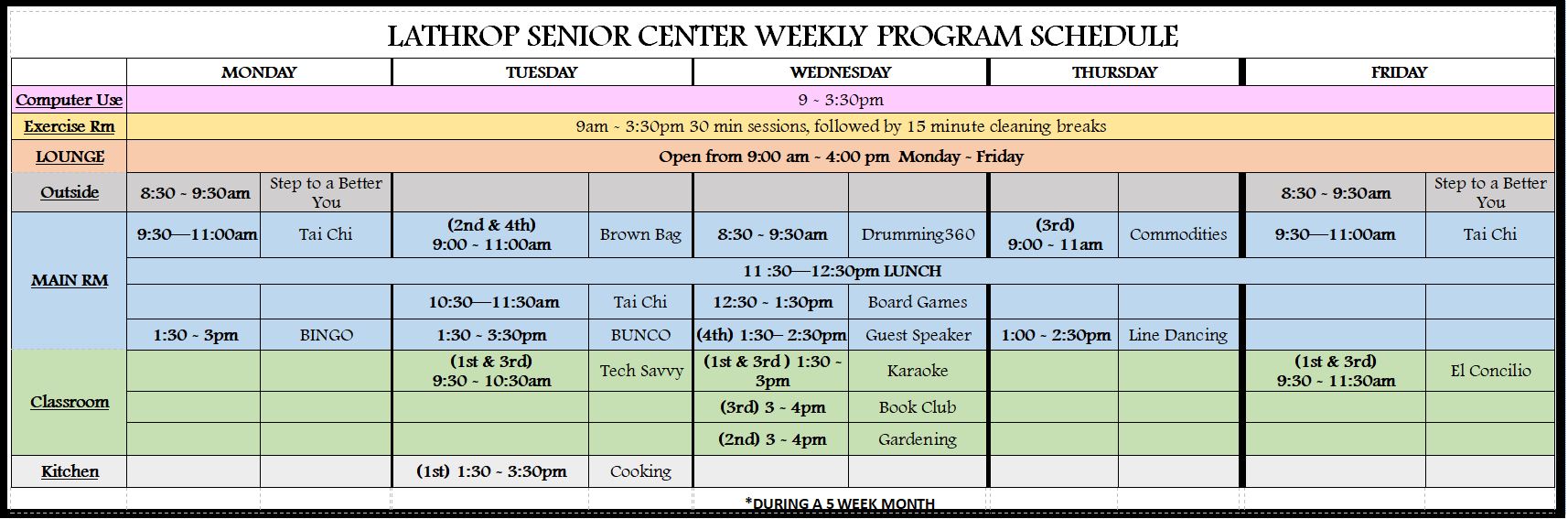 Senior Center Weekly Activity Schedule | City of Lathrop CA